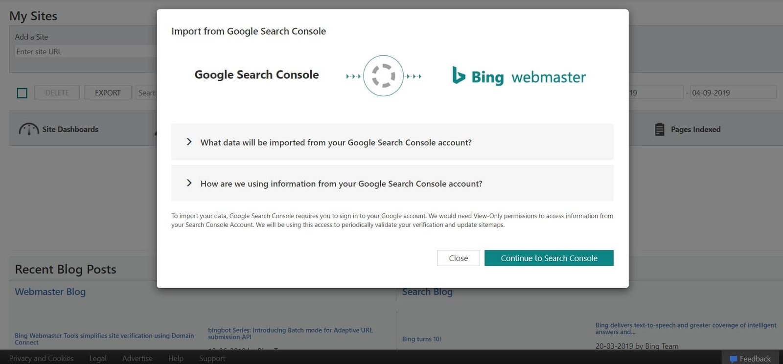 Bing Webmaster Tools allows webmasters to verify via Search Console